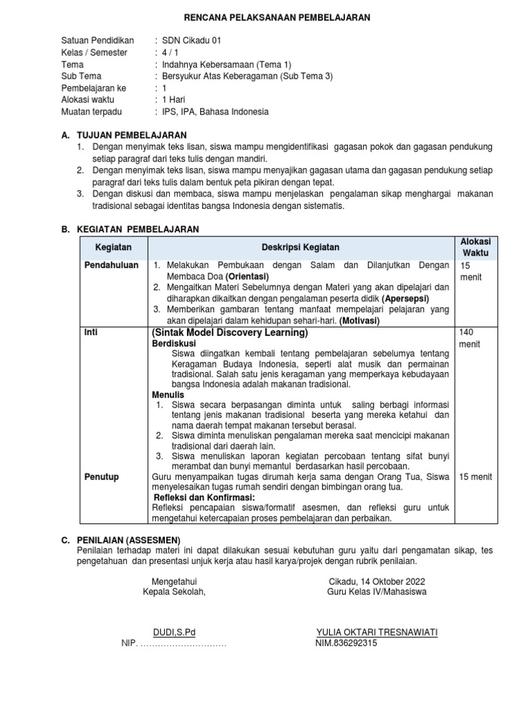 RPP IPA, IPS Bahasa Indnesia Kelas 4 Sub Tema 3 Bersyukur Atas ...