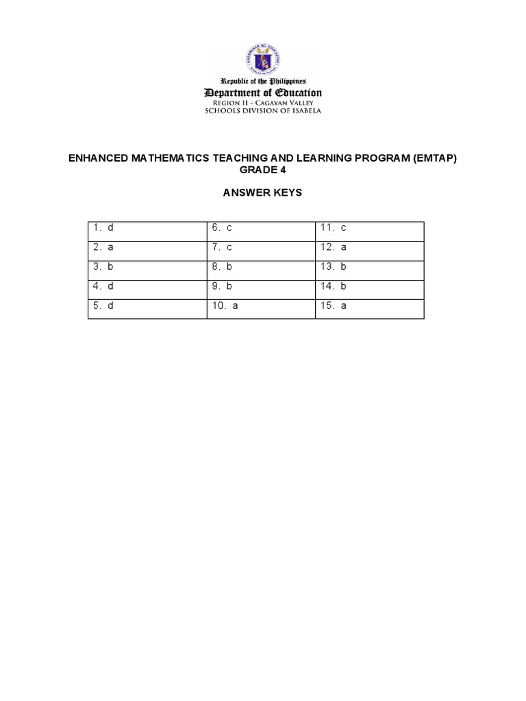 G4 Q1 Key Answer TOS | PDF | Elementary Mathematics | Arithmetic