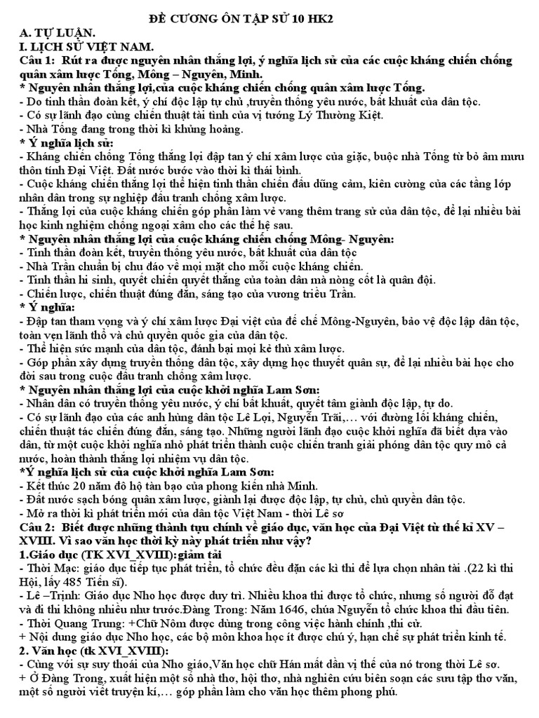 ĐỀ CƯƠNG ÔN TẬP SỬ 10 HK2 | PDF