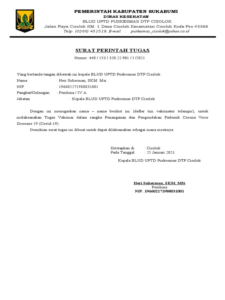 Surat Perintah Tugas Vaksinasi 2021 | PDF