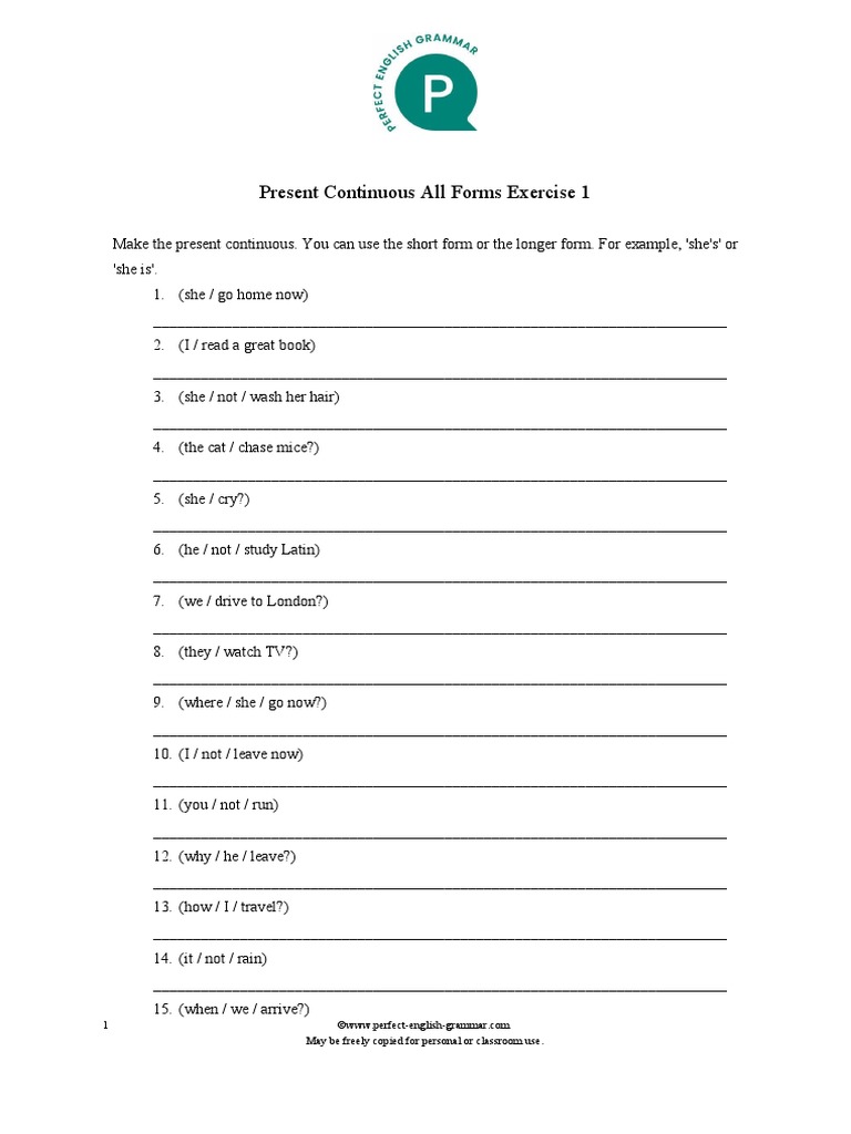 Present Continuous All Forms Exercise 1 | PDF
