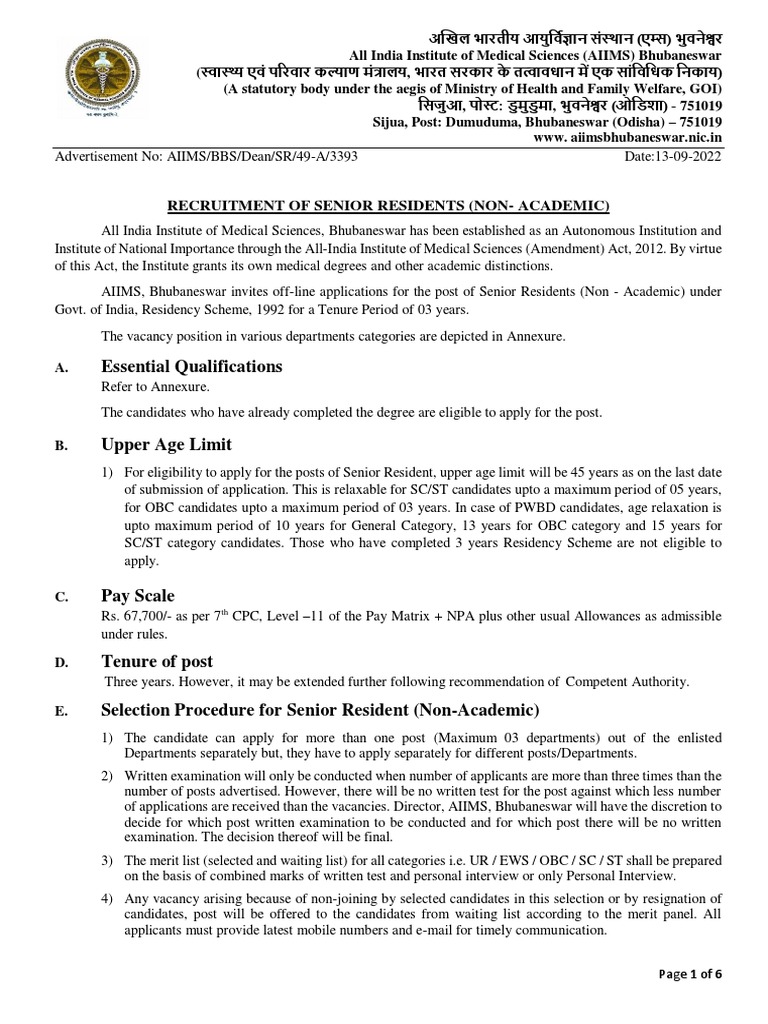 Notification AIIMS Bhubaneswar SR Resident Vacancy | PDF | Doctor Of Medicine | Health Care