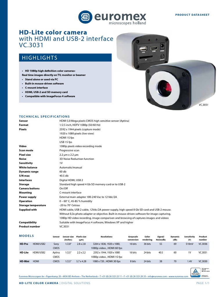 Camera KHV VC.3031-Euromex | PDF | High Definition Television | Hdmi