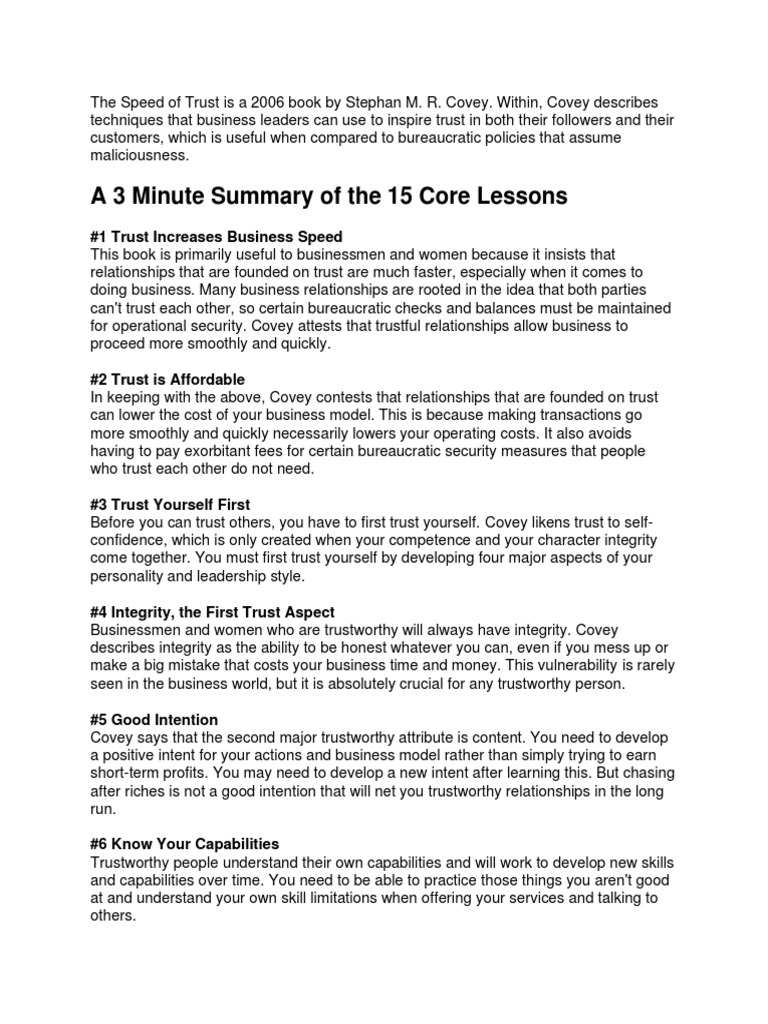 The Speed of Trust Summary 1 | PDF | Psychological Concepts | Cognitive ...