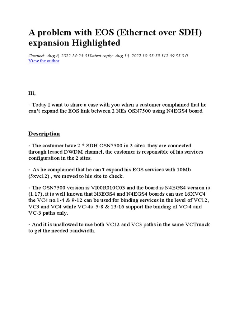 A Problem With EOS (Ethernet Over SDH) Expansion Highlighted | PDF ...