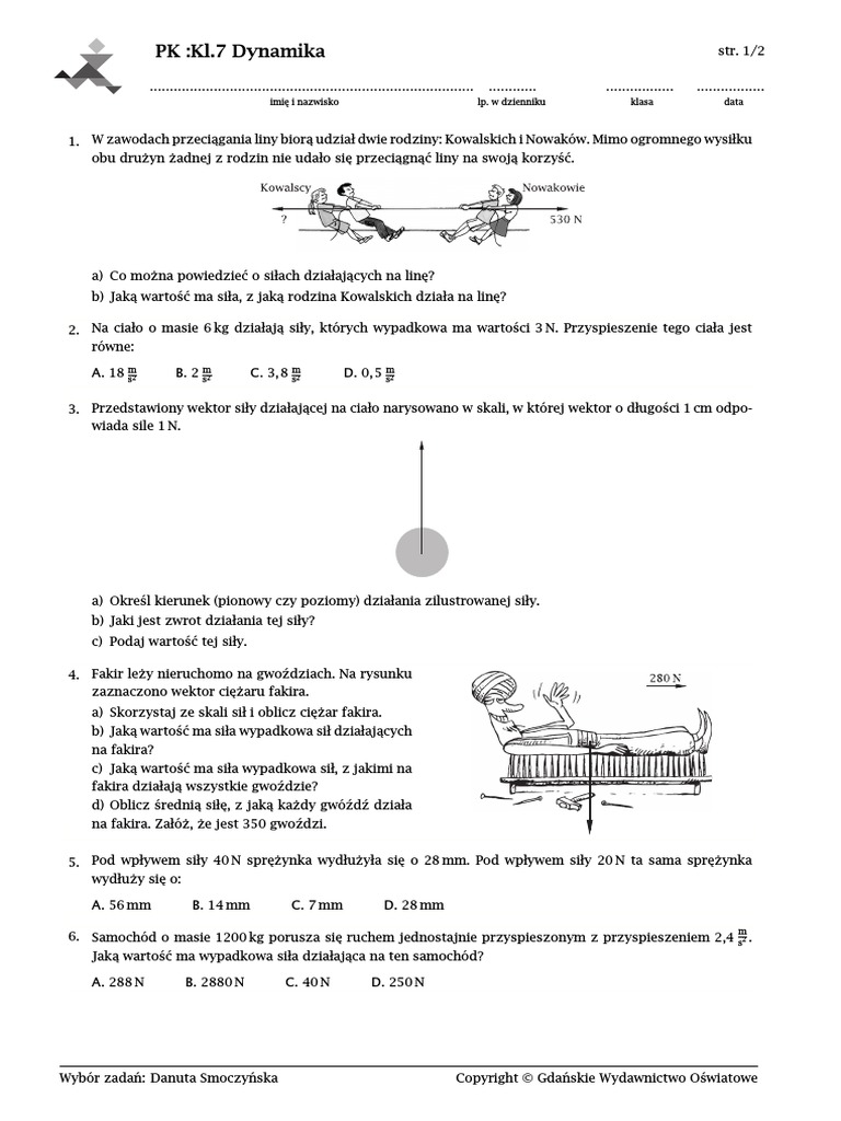 PK:Kl.7 Dynamika: Imię I Nazwisko Lp. W Dzienniku Klasa Data | PDF
