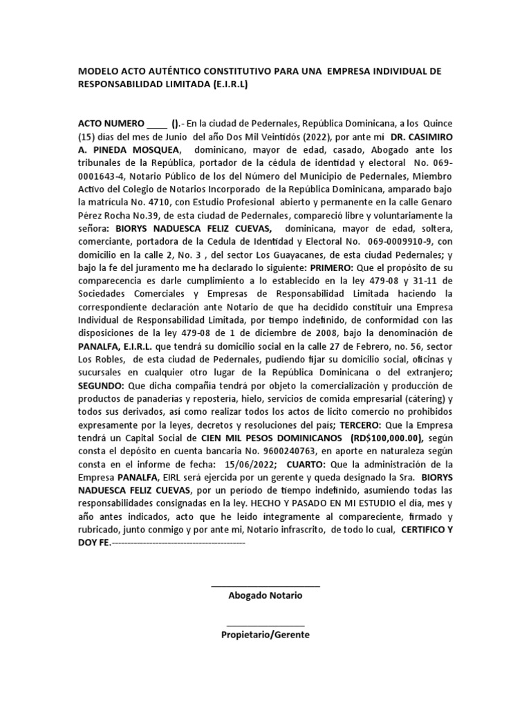 Acto Autentico Constitutivo Eirl Biorys | PDF | Gobierno | Justicia