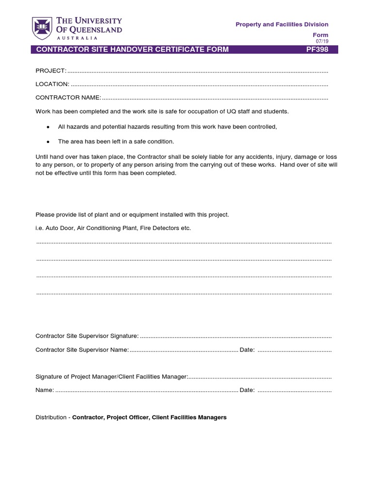Pf398 Contractor Site Handover Certificate | PDF | Safety ...