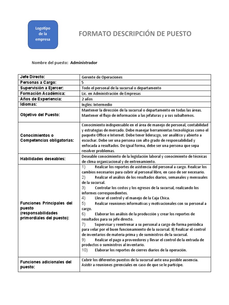 Formato Descripción de Puesto | PDF