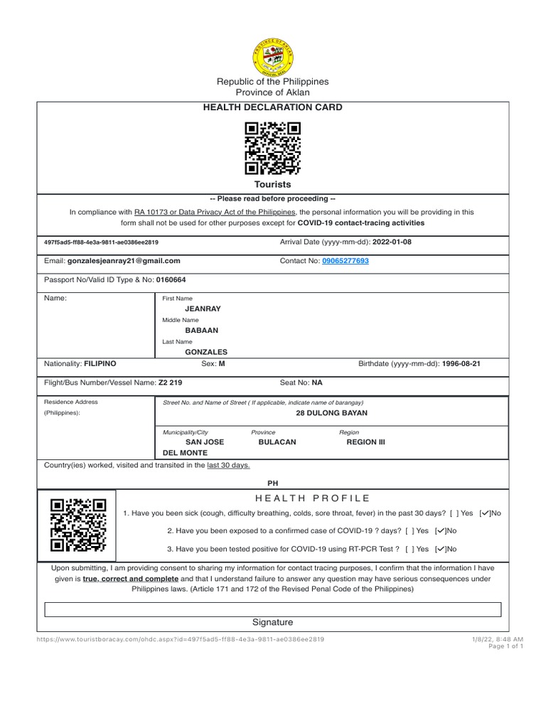 Insights Into a Traveler's Health Declaration Upon Arrival in Aklan ...