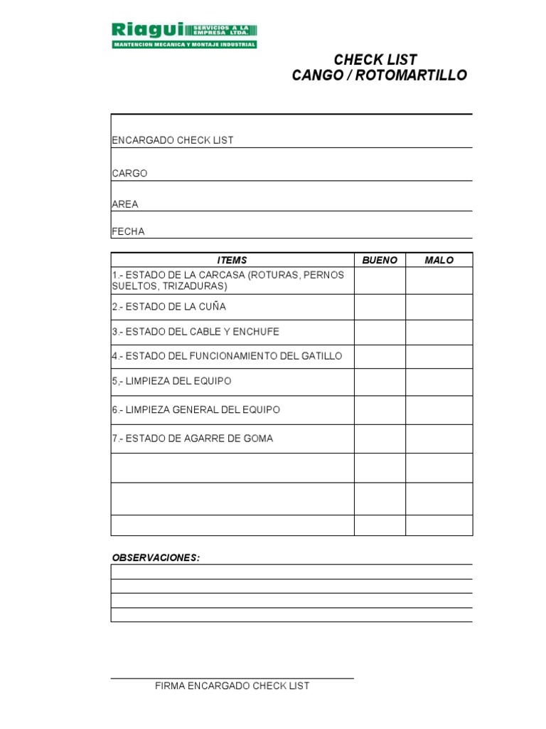 Check List Cango y Rotomartillo | PDF