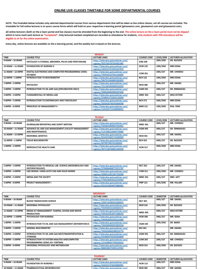 Online Live-Classes Timetable For Some Departmental Courses | PDF ...