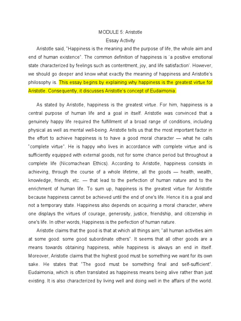 GEED 10093-Ethics Essay Activity - Aristotle | PDF | Happiness | Virtue