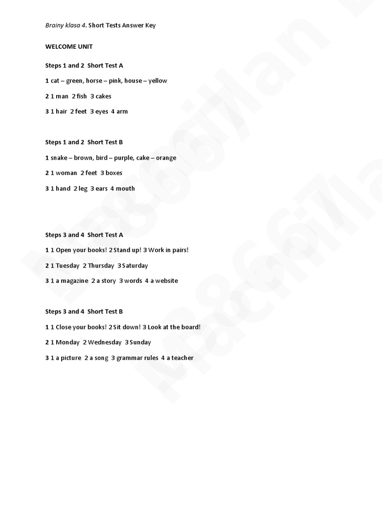 Brainy kl4 Short Tests Key | PDF Brainy kl4 Short Tests Key | PDF