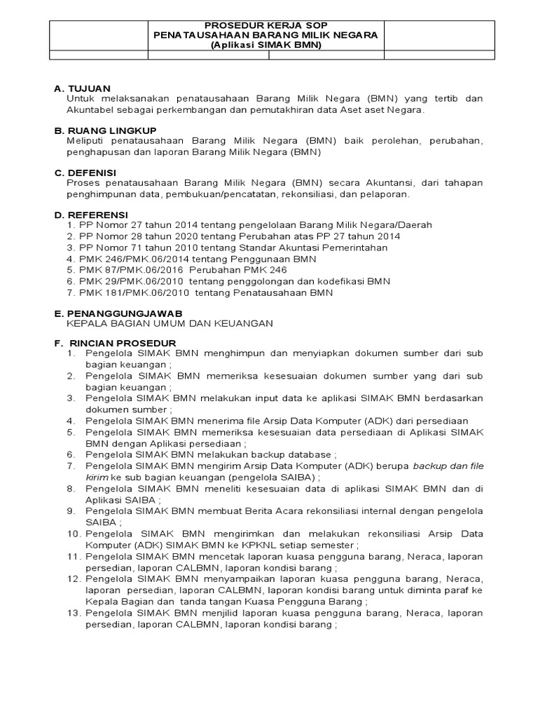 PROSEDUR KERJA SOP PENATAUSAHAN BMN (Aplikasi SIMAK BMN) | PDF