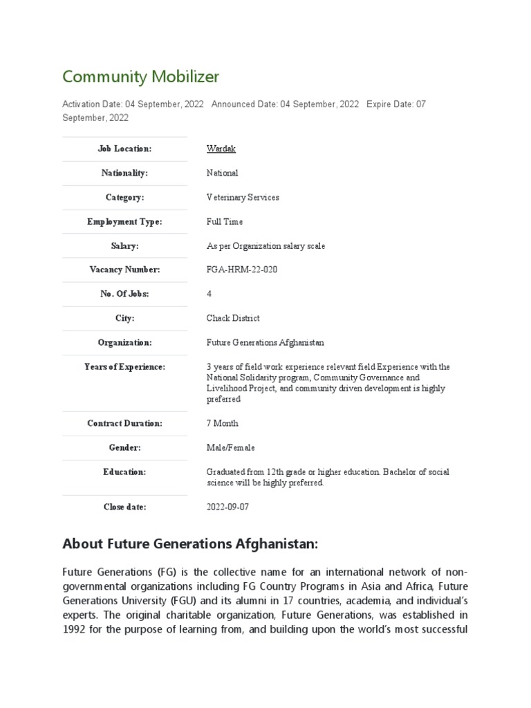 Community Mobilizer Needed | PDF | Capacity Building