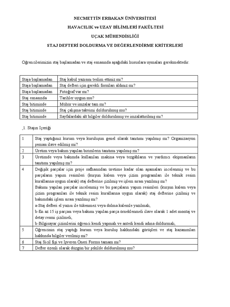 NEÜ-HUBF-Uçak Mühendisliği Staj Defteri Formu 2020 | PDF