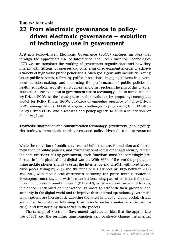 From Electronic Governance To Policy-Driven Electronic Goveranance, Evolution of Technology Use ...