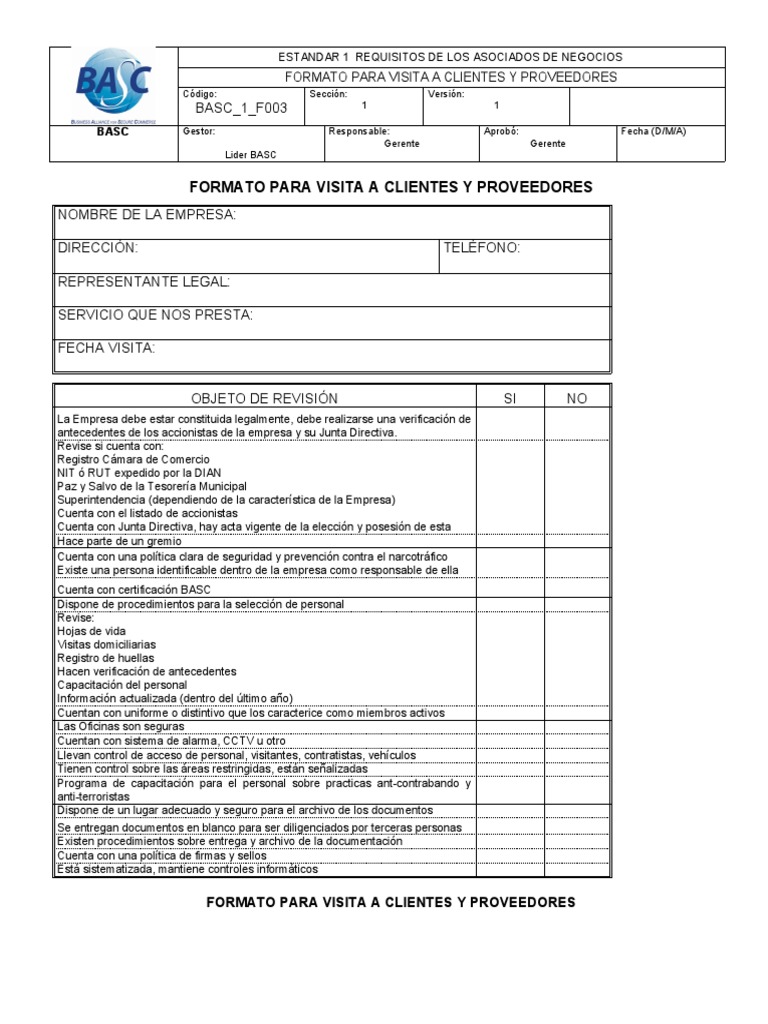 Basc 1 f003 Visita Clientes Proveedores | PDF | Business