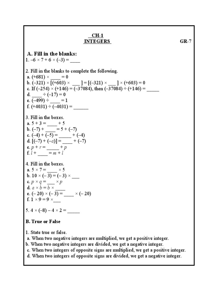 7th Worksheert-Ch (1) INTEGERS | PDF | Integer | Number Theory