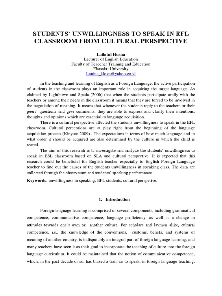 Cultural Factors in EFL Speaking Reluctance | PDF | English As A Second ...