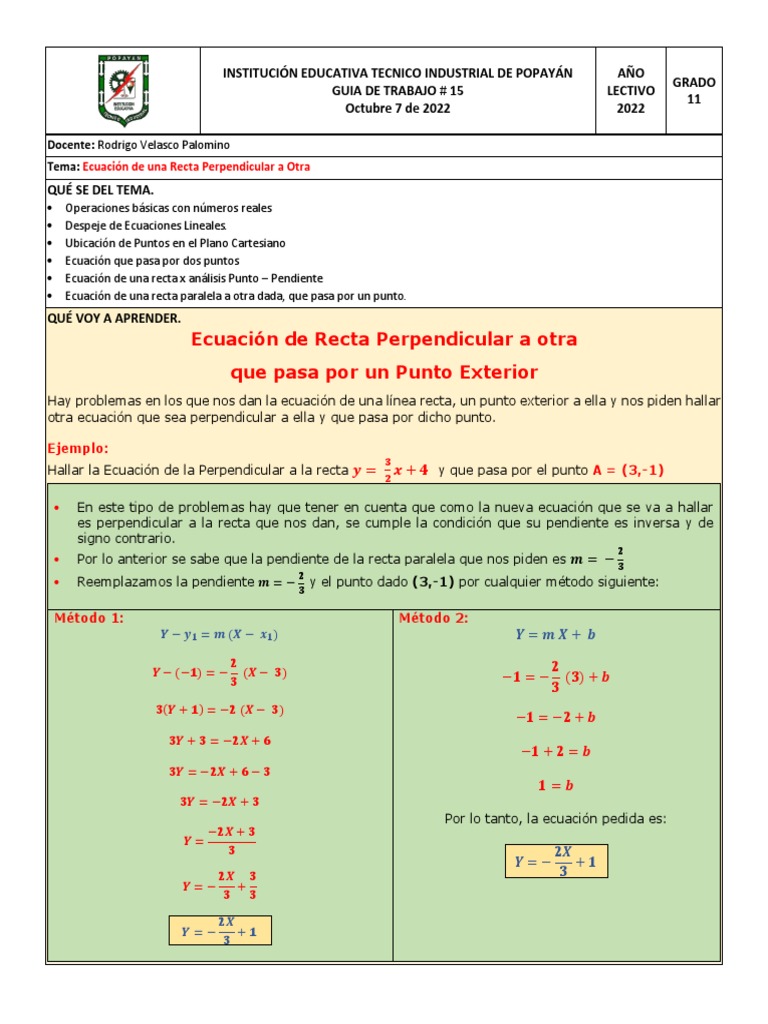 Ecuación de Recta Perpendicular a Otra que Pasa por un Punto Exterior ...