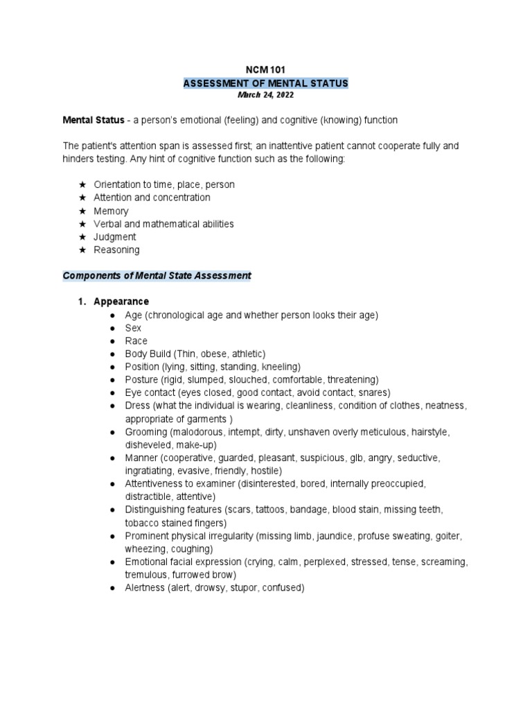 NCM 101 - Assessmental of Mental Status | PDF | Cognitive Science | Neuroscience