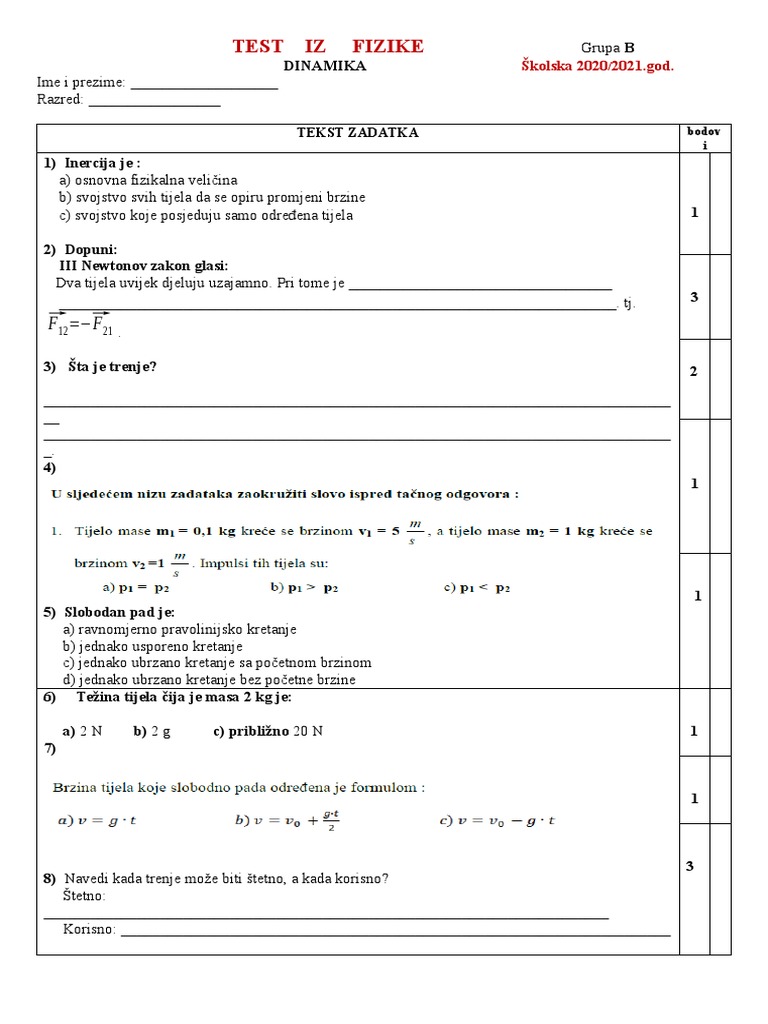 54.čas 08.04 .Test Iz Fizike Grupa B - Dinamika | PDF