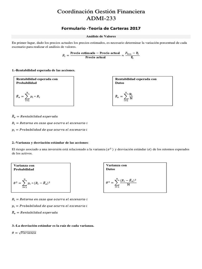 Formulario Gestión Financiera | PDF | Desviación Estándar | Portafolio ...
