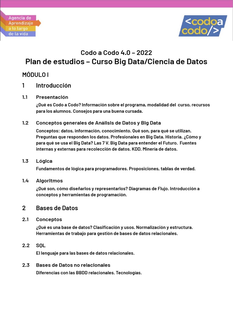 Plan de Estudios Big Data - CAC 4.0 2022 | PDF | Big Data | Bases de datos