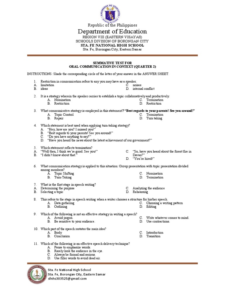 Oral Comm - Summative Test Quarter 2 | PDF | Public Speaking | Speech