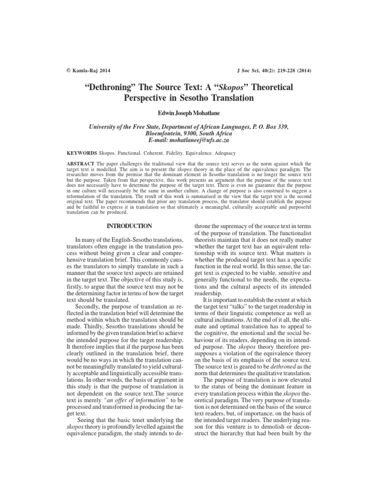 Dethroning The Source Text. A Skopos Theoretical Perspective in Sosotho ...