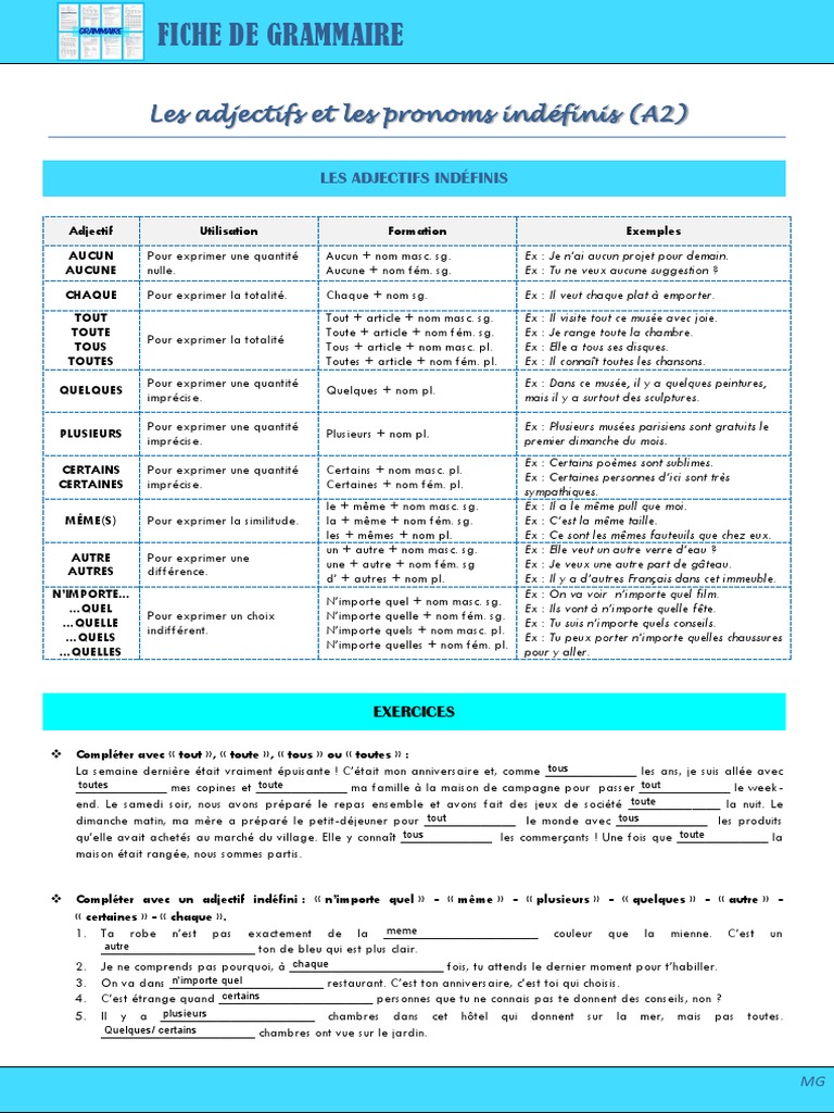 Adjectifs et pronoms indéfinis A2 | PDF | Pronom
