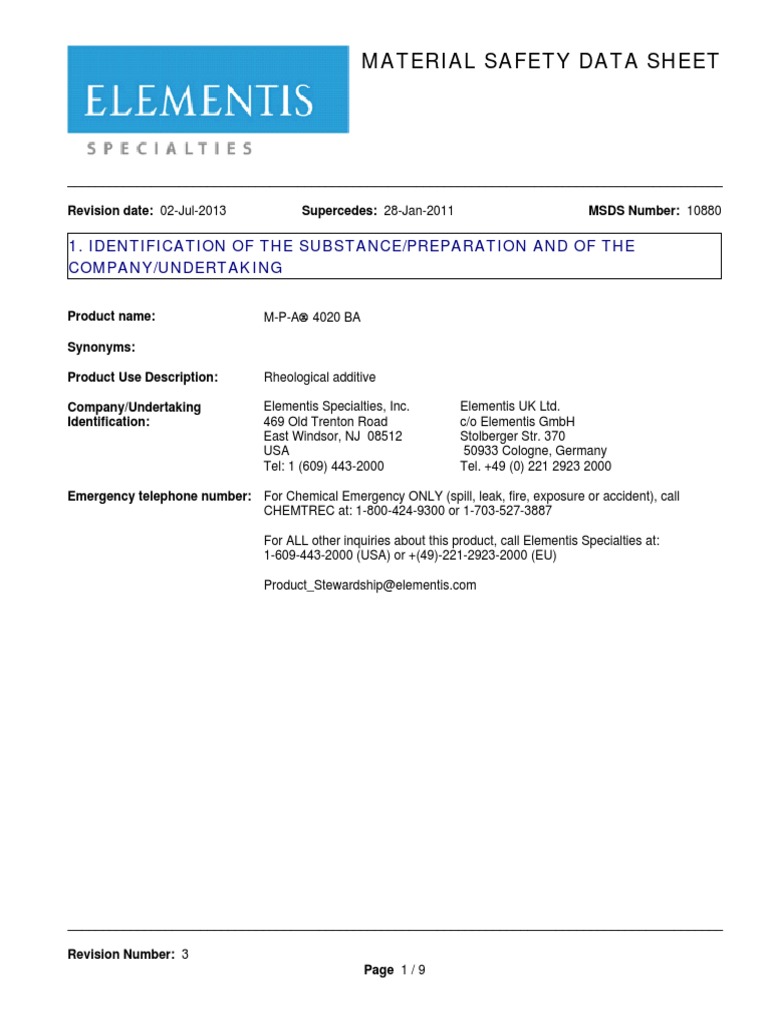 MSDS Mpa 4020 Ba-1 | Download Free PDF | Dangerous Goods | Toxicity