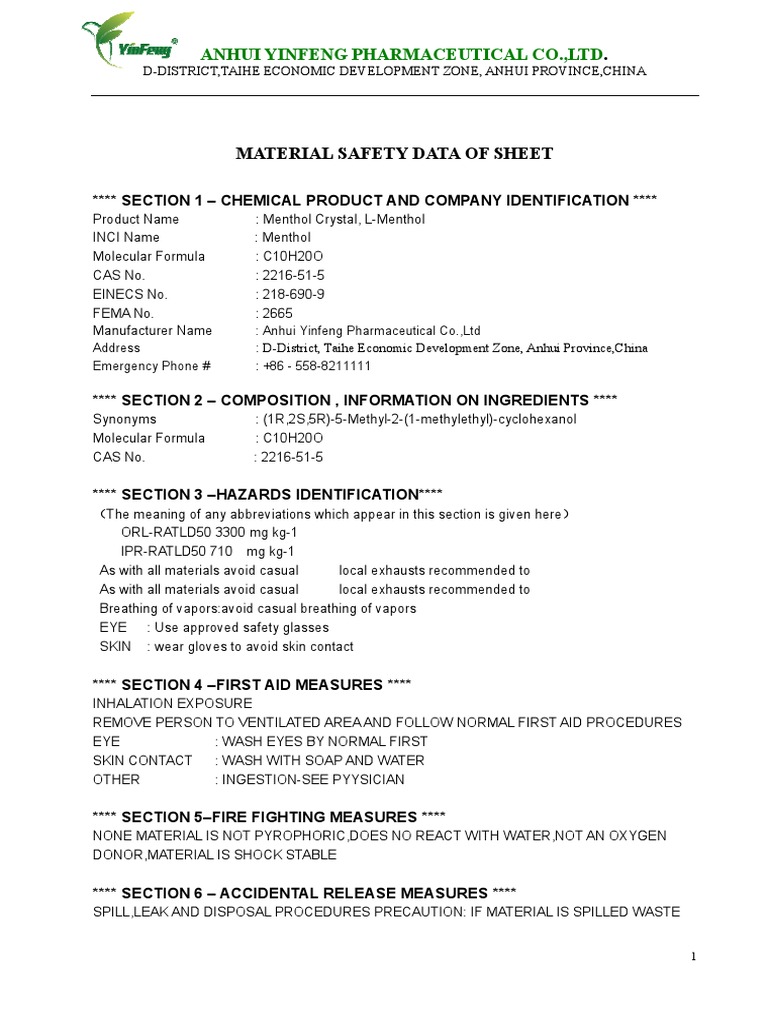 MSDS Mentol | PDF | Combustion | Carbon Dioxide