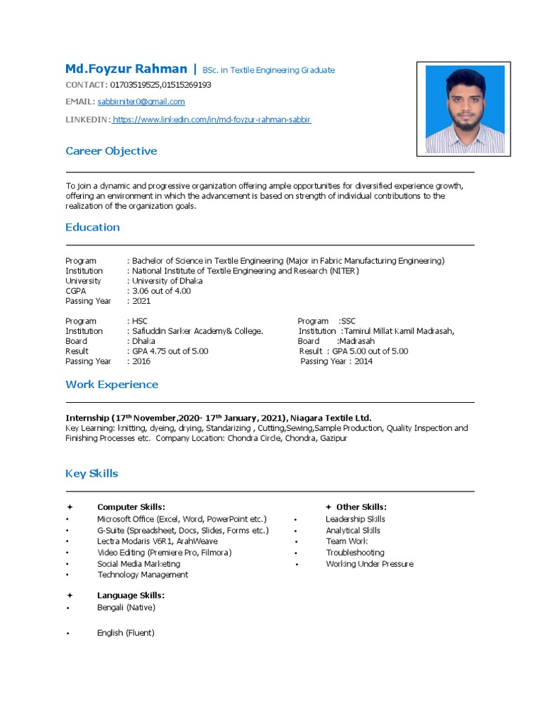 CV of Foyzur Rahman Sabbir | PDF | Textiles