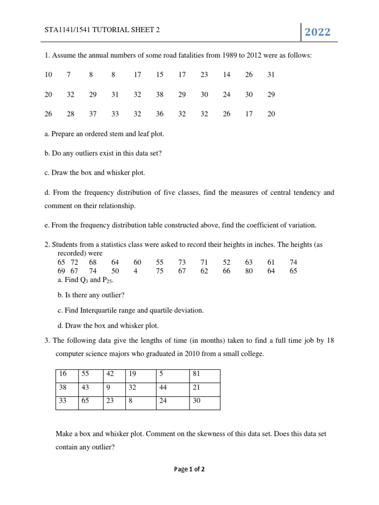 Sta1141 1541 Tutorials Sheet 2 2022 | PDF | Outlier | Standard Deviation