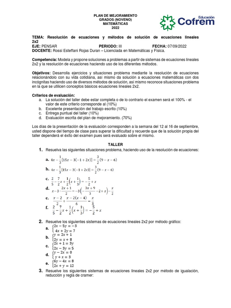 Plan De Mejora Matematicas Noveno Pdf