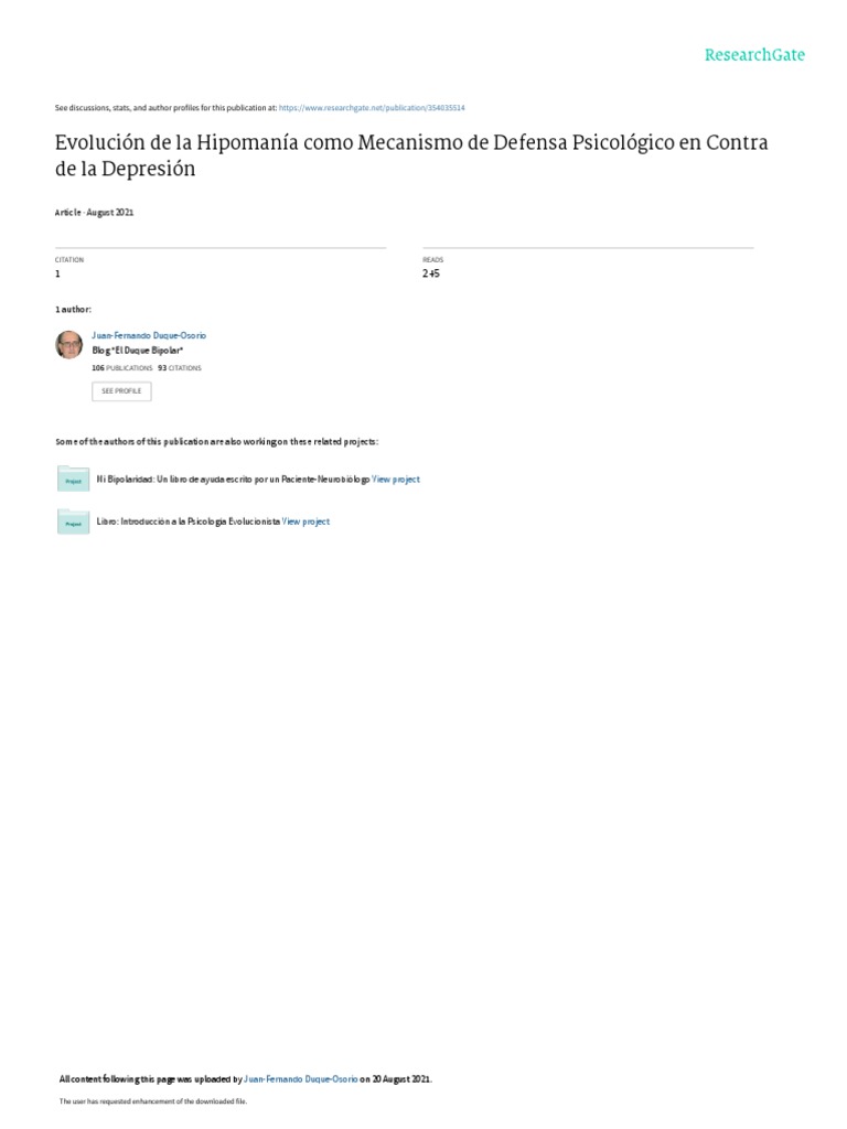 Evolución de La Hipomanía Como Mecanismo de Defensa Psicológico en ...