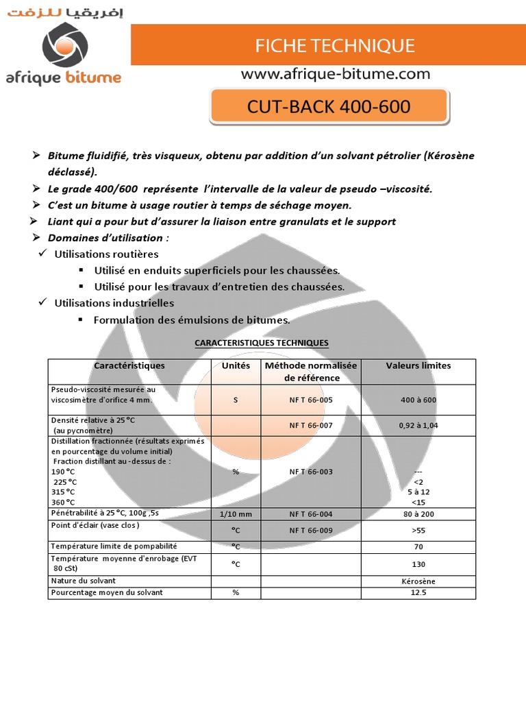 Bitume Cut-Back 400-600 : Caractéristiques Techniques | PDF