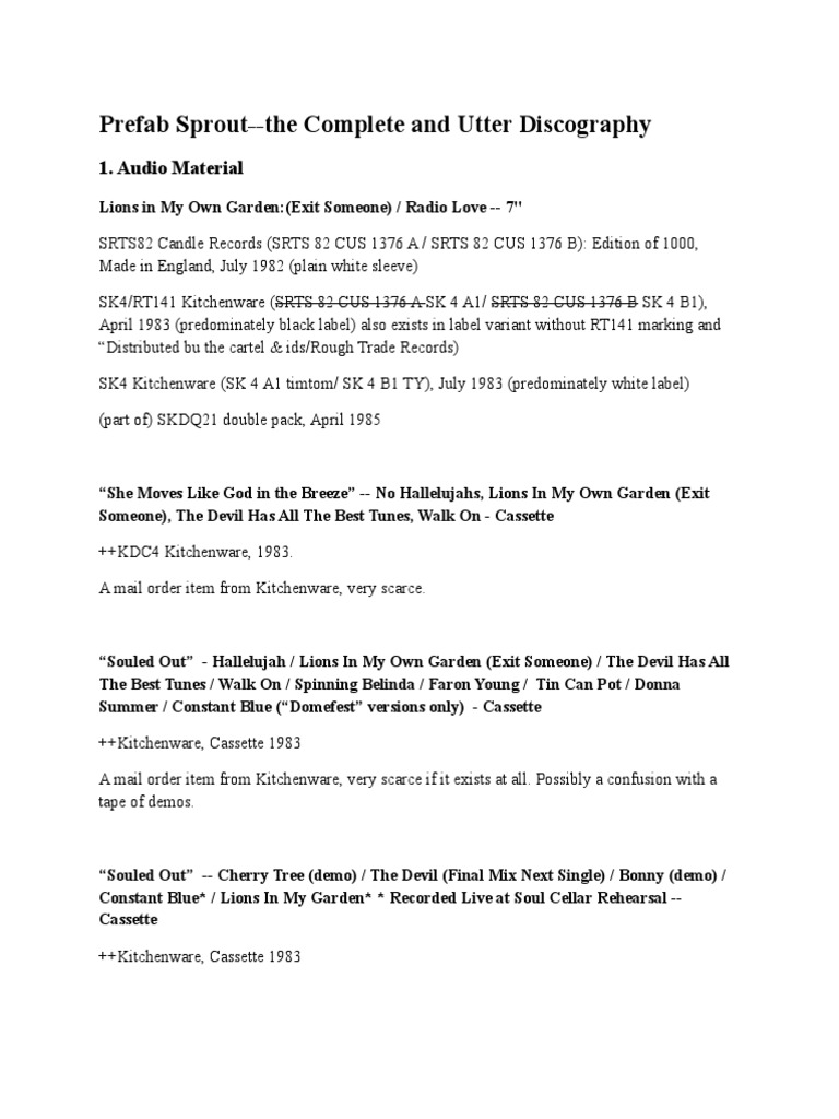 Prefab Sprout Full Discography | PDF | Sound Recording | Music Industry