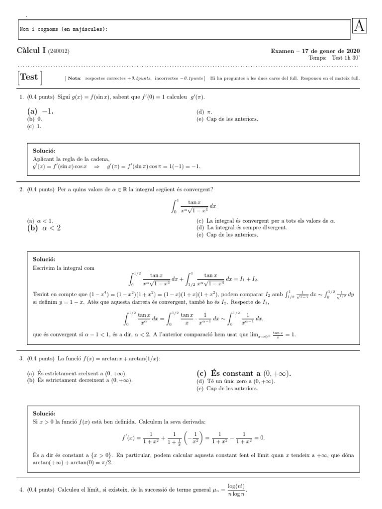 Problemes Calcul I 2020 | PDF