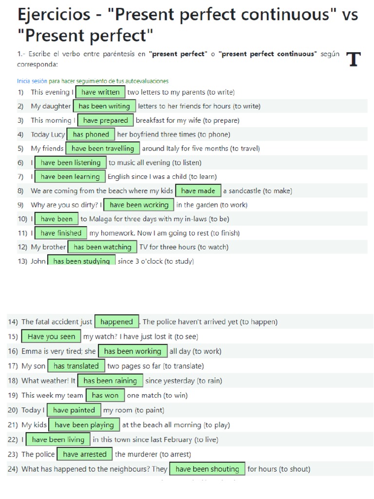 Present Perfect Continuous and Present Perfect Homework | PDF