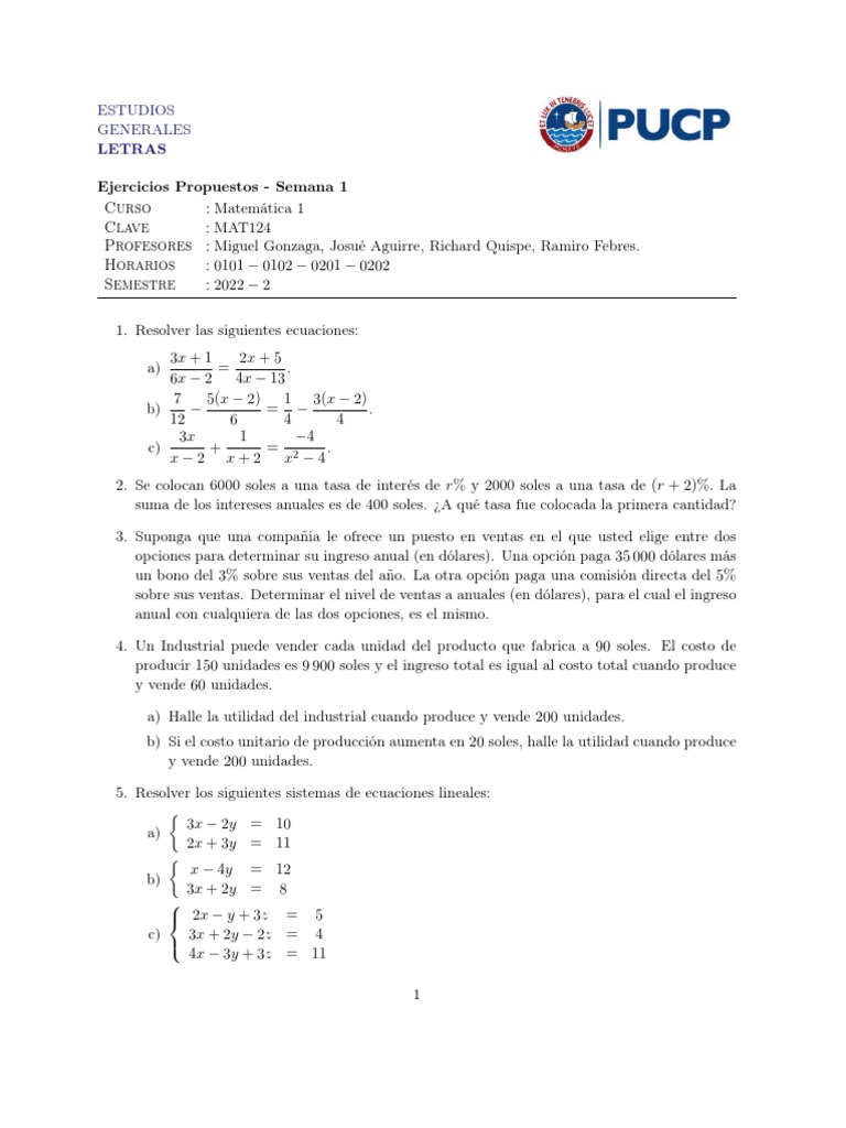 Lista 1 Ejercicios Mate1 | PDF