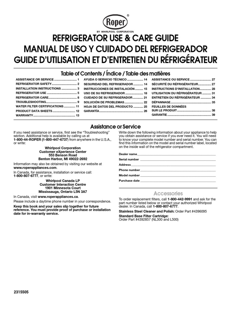 Roper RS22AQXKQ04 UsMan (EN) | PDF | Refrigerator | Pipe (Fluid Conveyance)