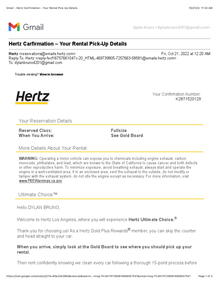 Gmail - Hertz Carfirmation - Your Rental Pick-Up Details | PDF ...
