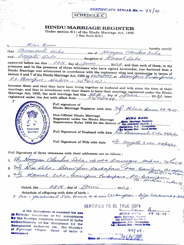 Certificate Details for Hindu Marriage Registration | PDF | Social ...