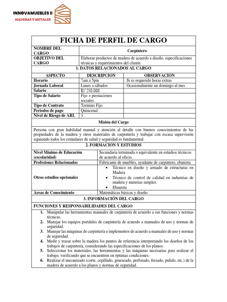 Ficha de Perfil de Cargo | PDF | Carpintería | Salario