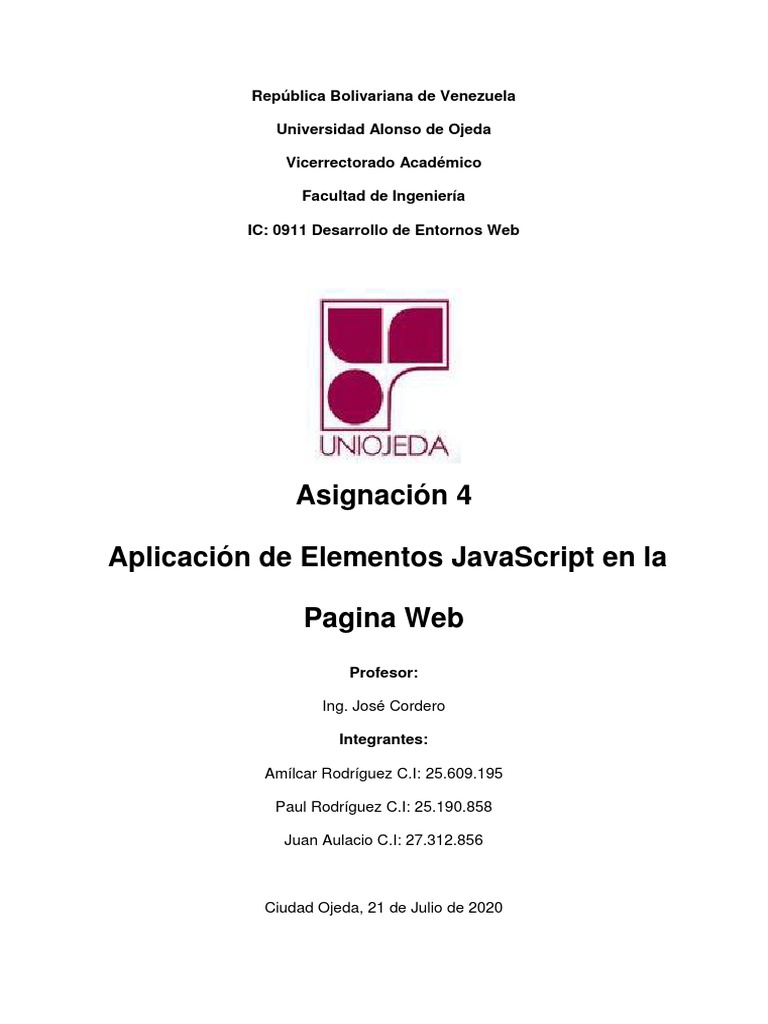 Asignacion 4 Aplicacion JavaScript en La Pagina Web Desarrollo de Entornos Web IC 0911 Amilcar ...