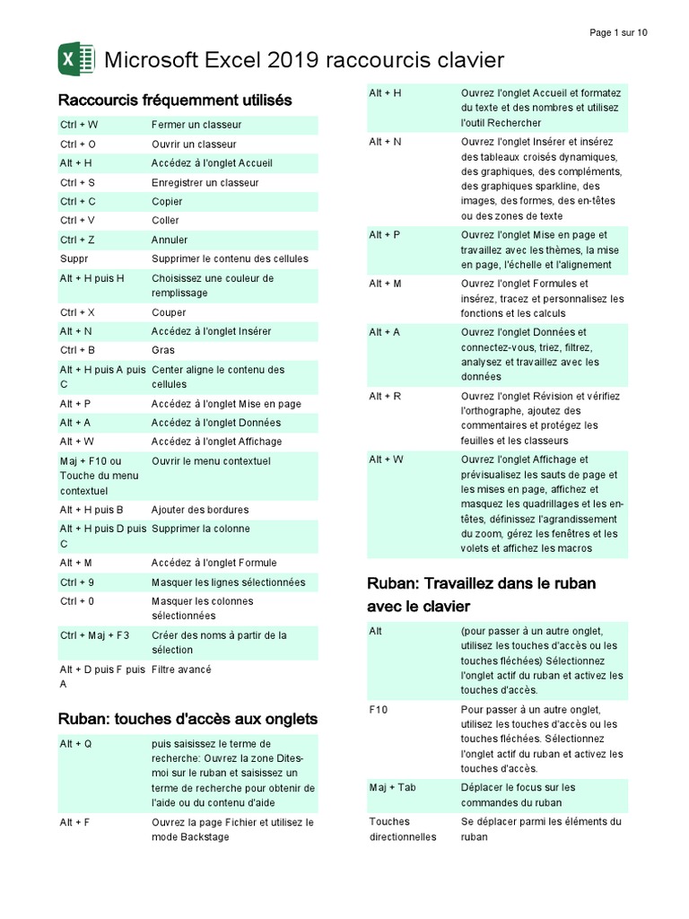 Microsoft Excel Raccourcis Clavier | PDF | Microsoft Excel | PC compatibles IBM